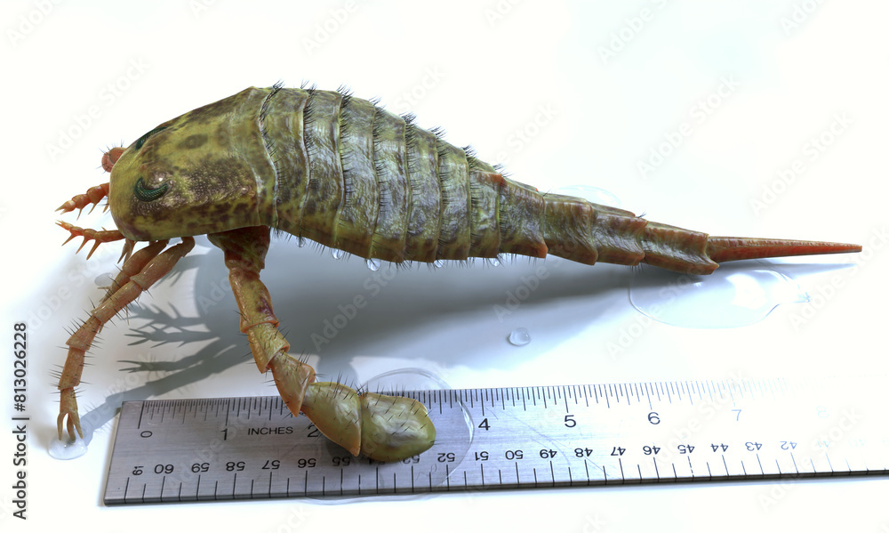 A 3D illustration Eurypterus Remipes up-close with a ruler for scale ...