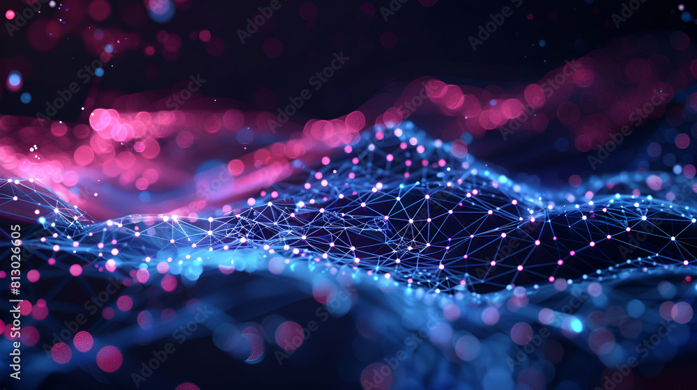 Data neon waves abstract background, dark digital space with network ...