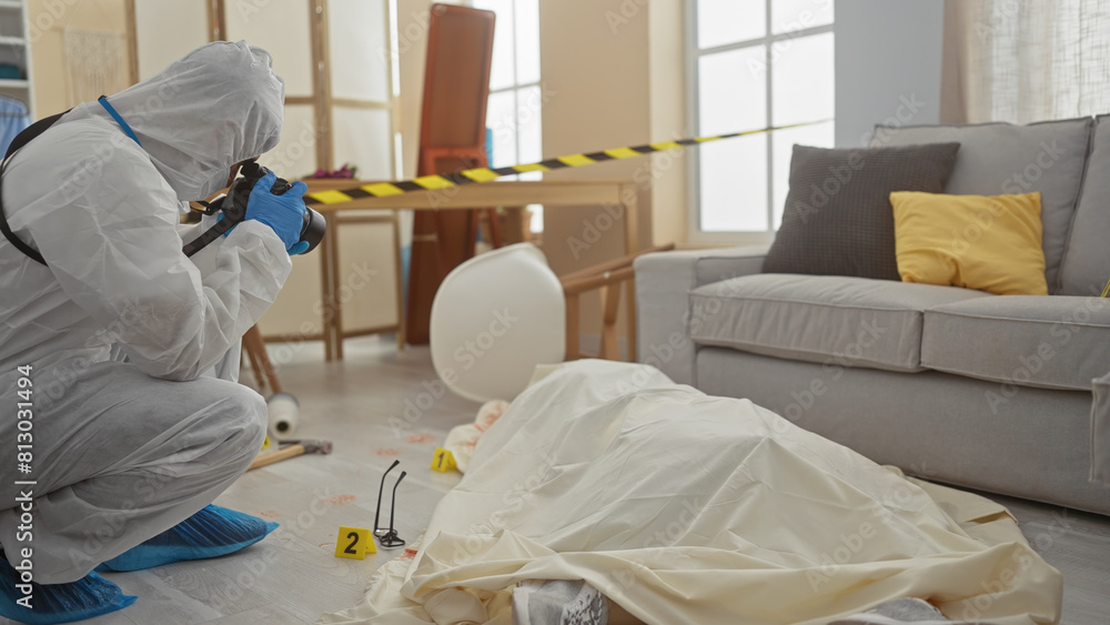 Forensic expert photographing evidence at indoor crime scene in living ...