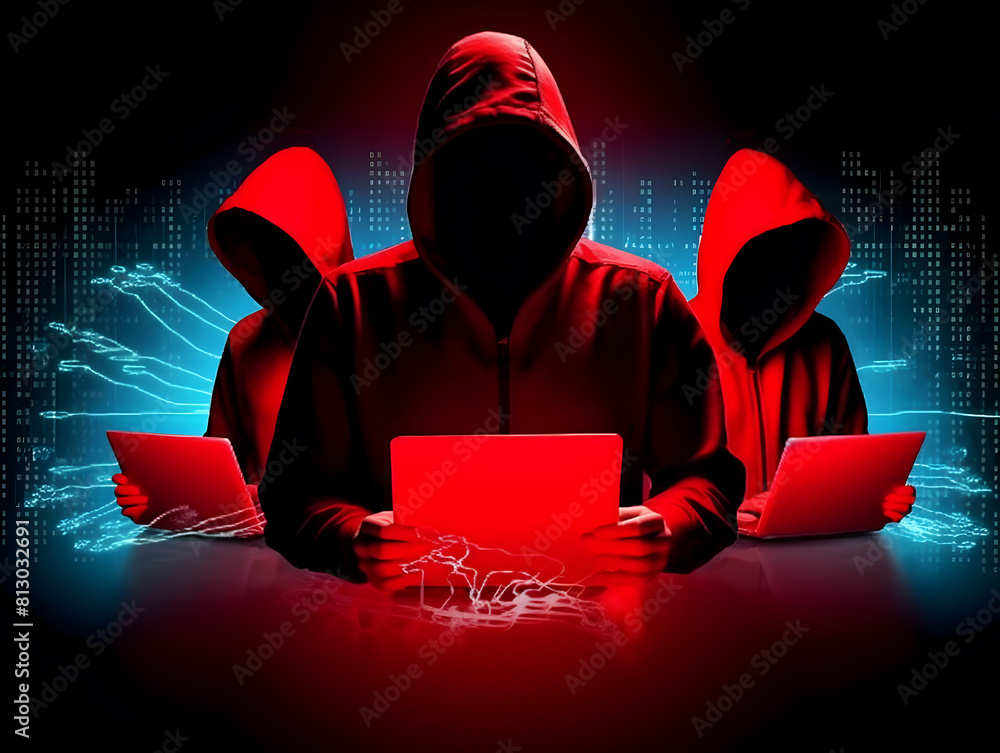 Three hackers without face. Concept of red hat, hacker group ...