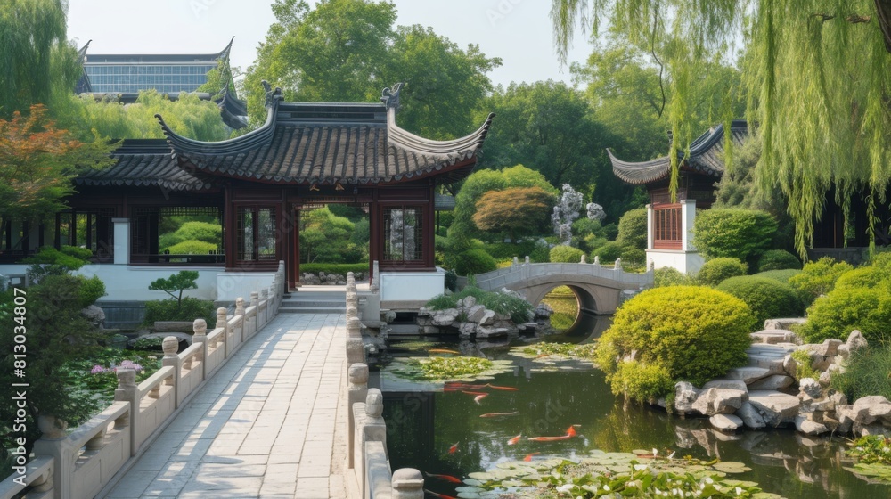 Chinese garden with traditional architecture, including pagodas and ...