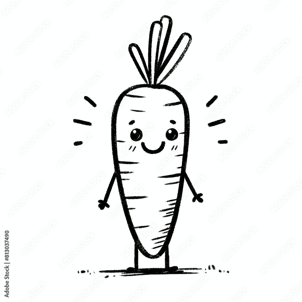 isolated simple outline drawing of a cartoon smiling carrot, on white ...