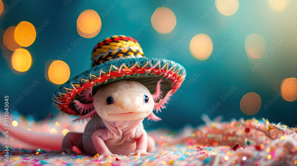 cute axolotl cub wearing a colorful Mexican sombrero with bokeh lights Stock Photo | Adobe Stock