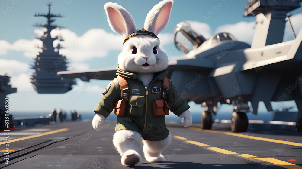 a cute fluffy rabbit pilot walking on a military aircraft carrier ...