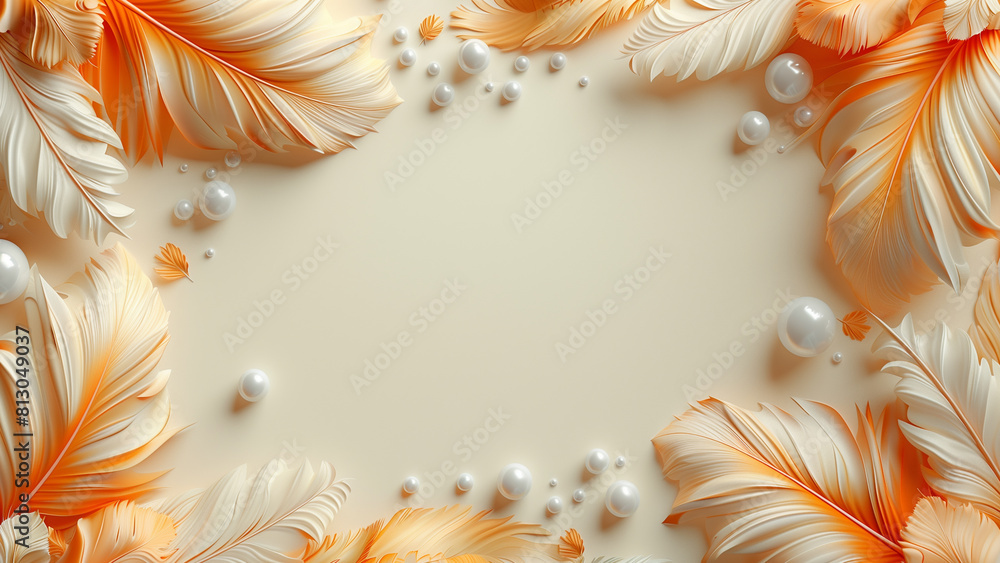 Golden feathers background. Beautiful feathers and pearls frame, luxury ...