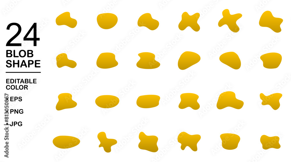 Organic golden blobs of irregular shape. Abstract blotch, inkblot and ...