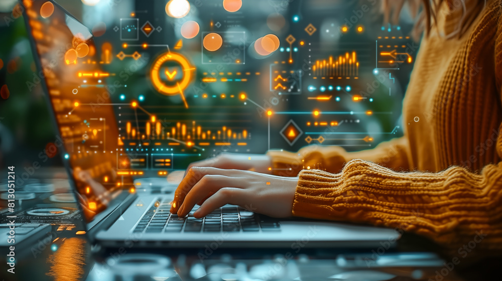 person’s hands typing on a laptop keyboard, with digital graphics of ...