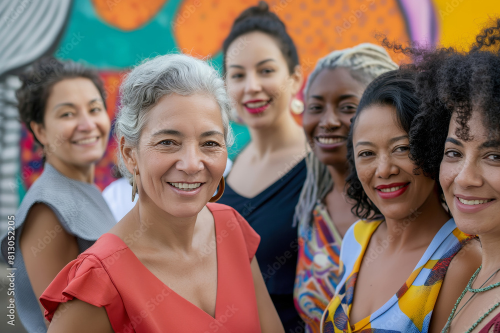 Joyful group of six diverse women of different ages smiling at the ...