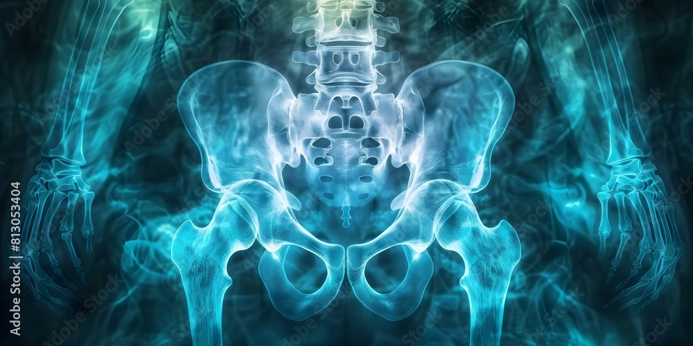 ภาพประกอบสต็อก Xray of human hip joint with yellow background ...