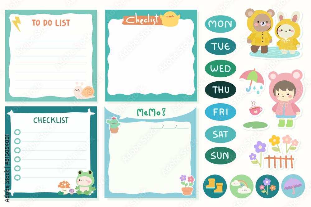 Set of Cute template notes with Rainy season theme. Memos and stickers ...