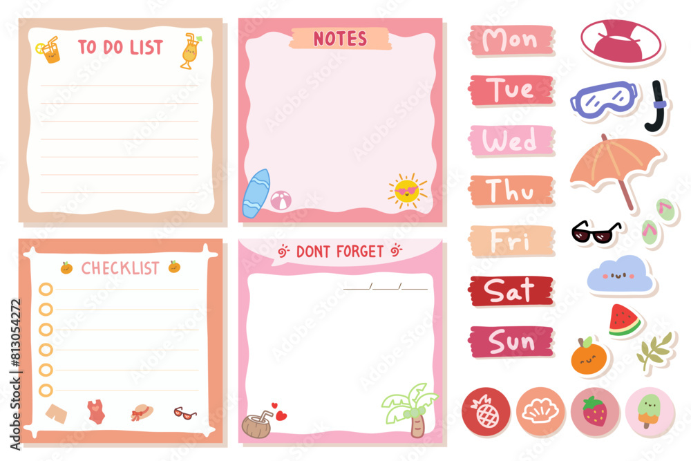 Set of Cute template notes with Summer theme. Memos and stickers. Cute ...