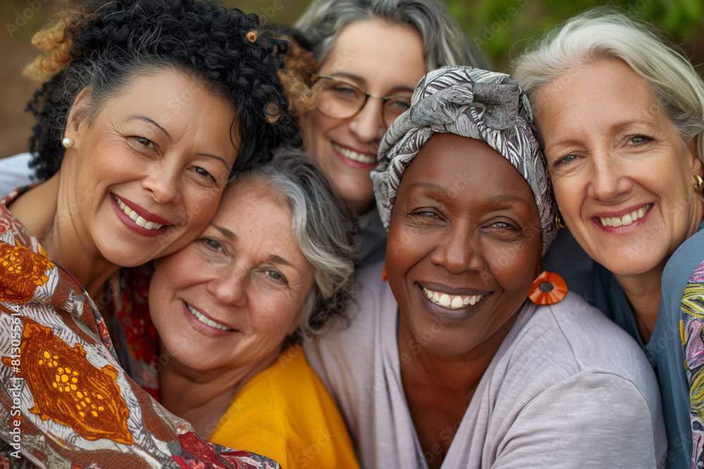 Heartwarming portrait of a diverse group of mature women embracing and ...