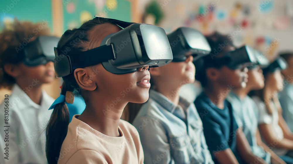 Multicultural schoolchildren using virtual reality headsets. School ...
