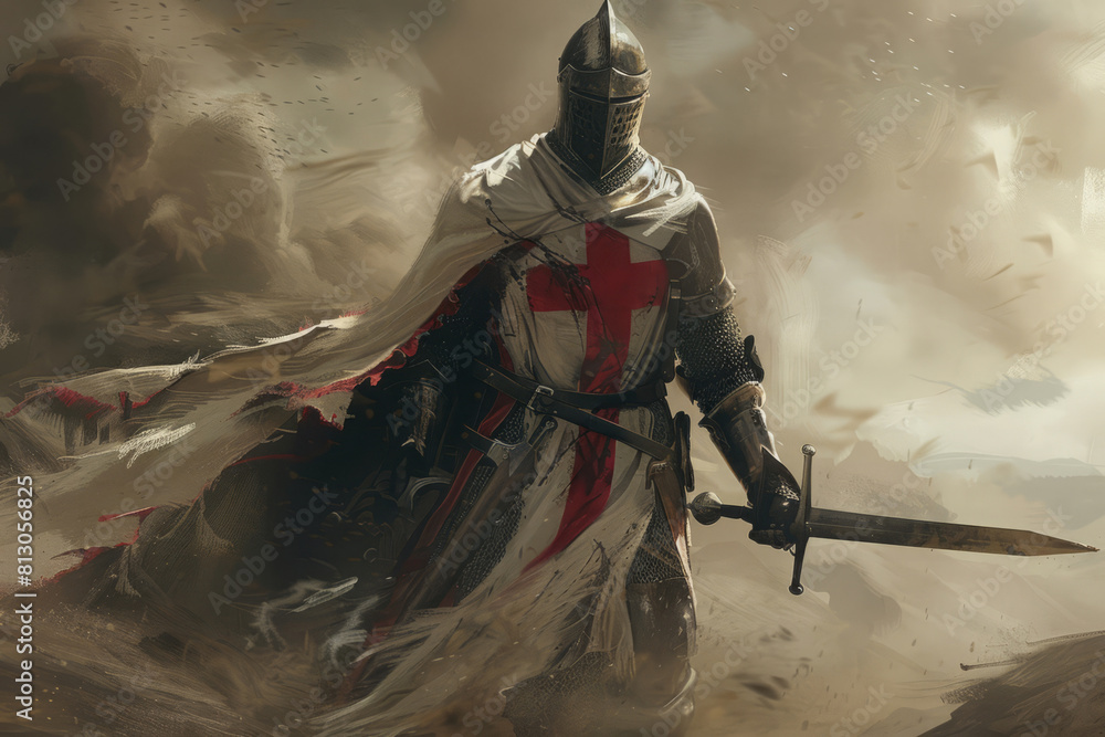 Templar knight in full armor standing ready for battle. Medieval ...