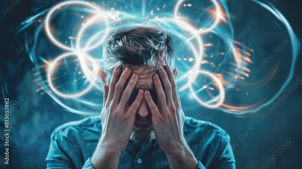 Young Man in Distress from Loud Noise. His face contorted in a grimace ...