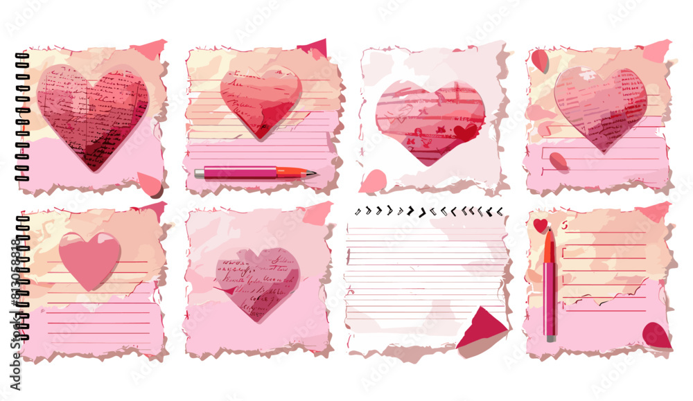 Memo for Valentine’s day. Set of torn paper sheets, stickers and heart ...