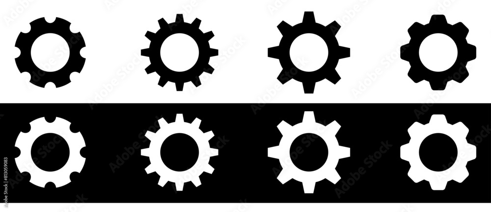 Black Gear set, wheel icons on transparent background. Setting symbols ...