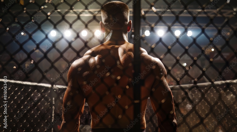 Back view of Fighter in the UFC octagon behind the octagon cage. Stock ...