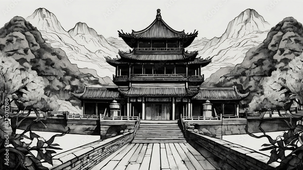 Black ink Illustration of ancient china, white background for coloring ...