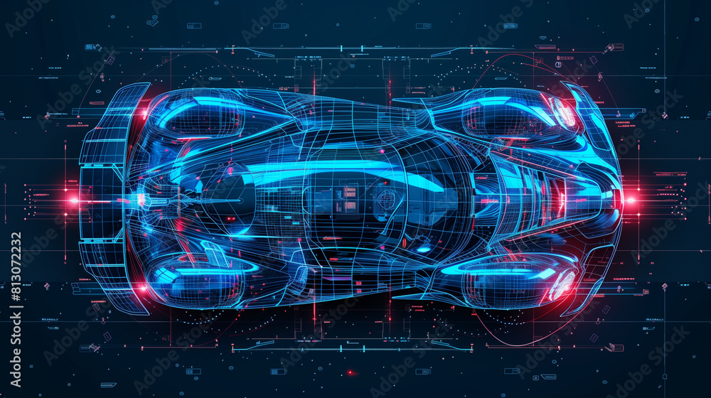 The image depicts a digitally rendered animation of a sleek, blue car ...