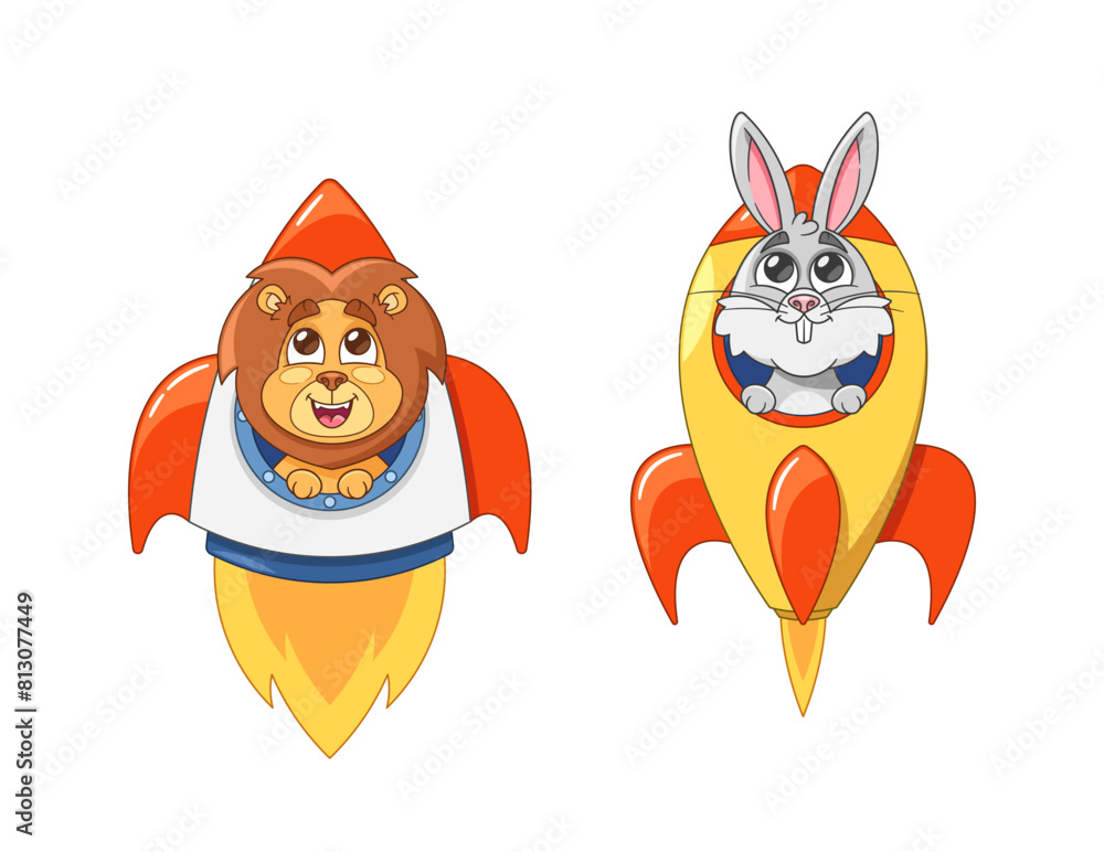 Cartoon Lion And Rabbit Piloting Colorful Rocket Ships. Isolated Vector ...
