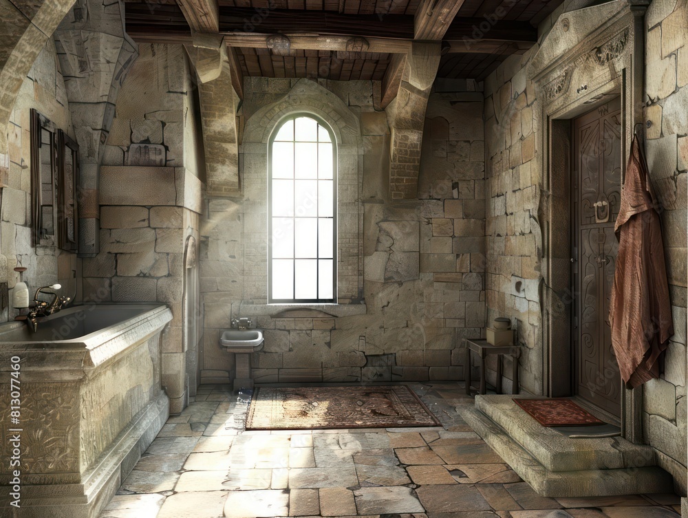 Medieval bathroom with stone arches and architecture, capturing the ...