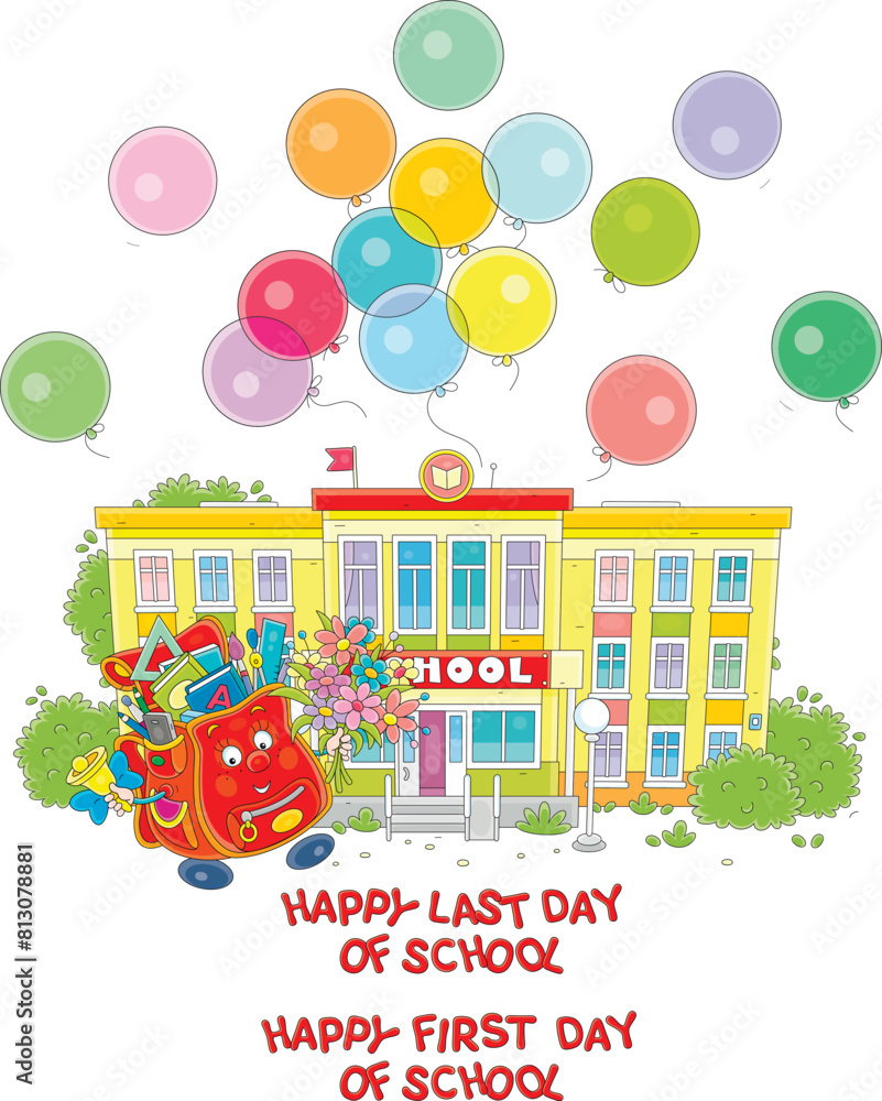 Greeting card with a funny cartoony schoolbag holding a bouquet of ...