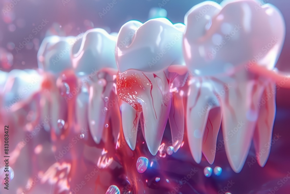 An advanced 3D rendering displays various stages of tooth decay ...