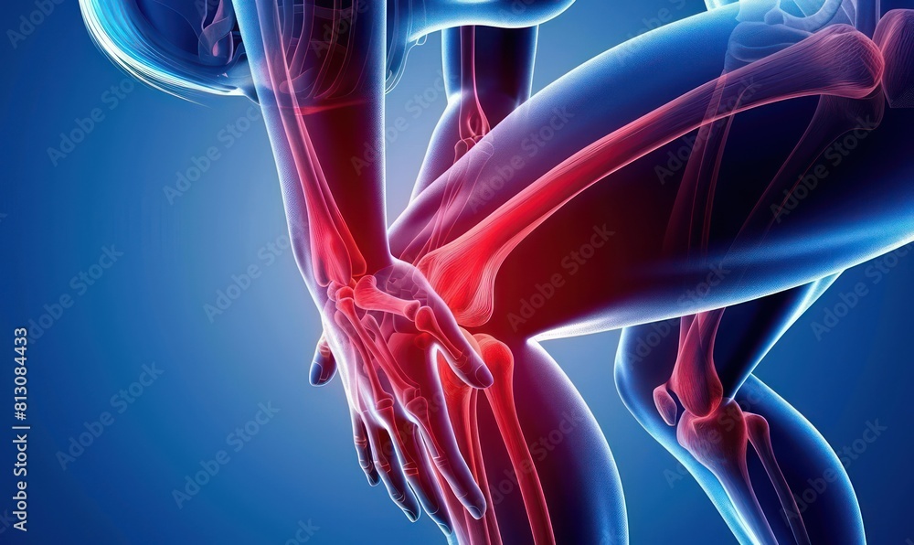 A 3D medical illustration of the human knee joint, showcasing bones and ...