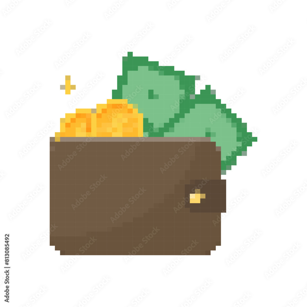 8-bit Pixel Art Cash Money icons set. Pixel Wallet with banknotes ...