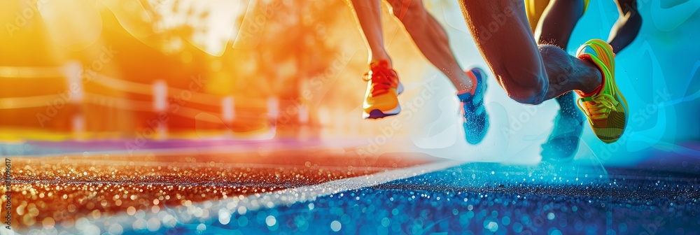 Legs of a group of runners in sports gear running on a colored track ...