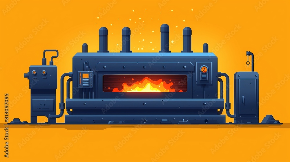 Flat solid color illustration of a navy blue industrial furnace on a ...