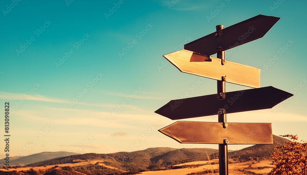 Blank directional road signs against blue sky. Black metal arrows on ...