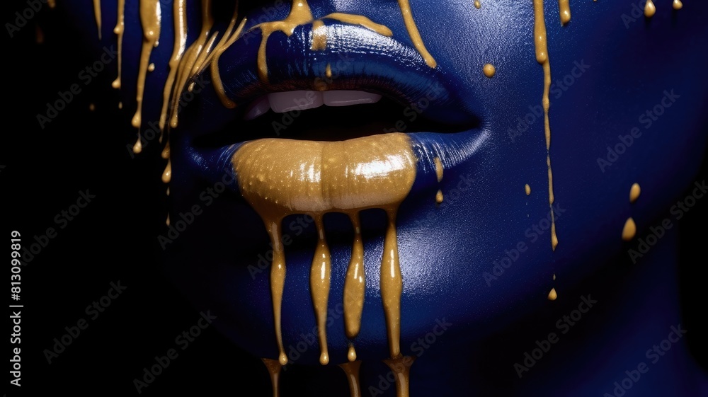 Portrait of a woman with dripping gold paint on blue skin. Close up of ...