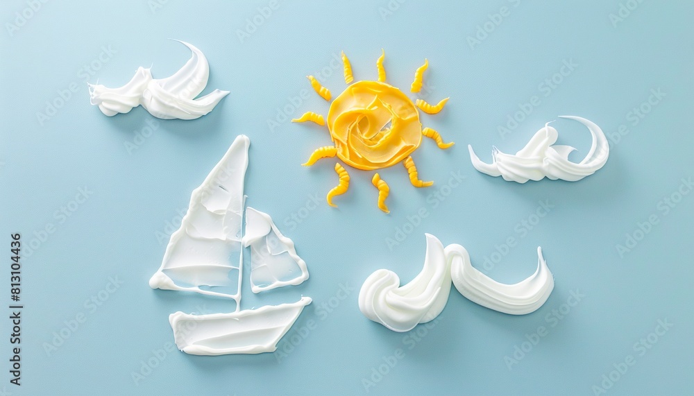 Cute drawings of the sun and boat made with sunscreen on a light blue ...