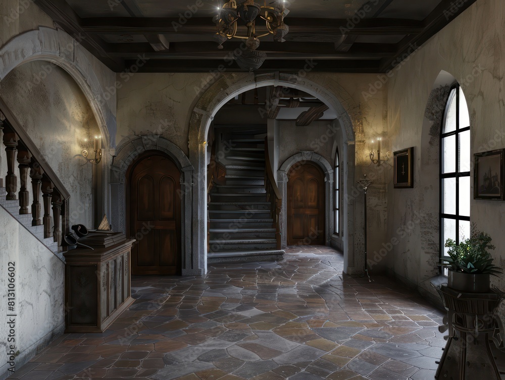 entrance hall inside a medieval castle Stock Illustration | Adobe Stock