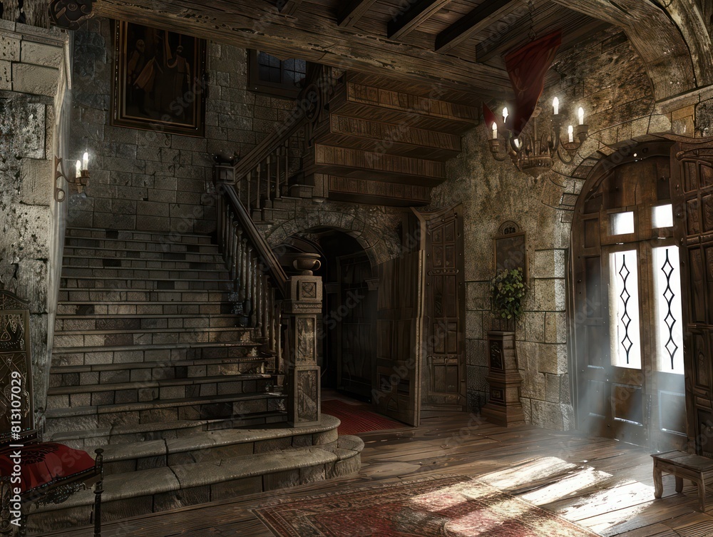 entrance hall inside a medieval castle Stock Illustration | Adobe Stock
