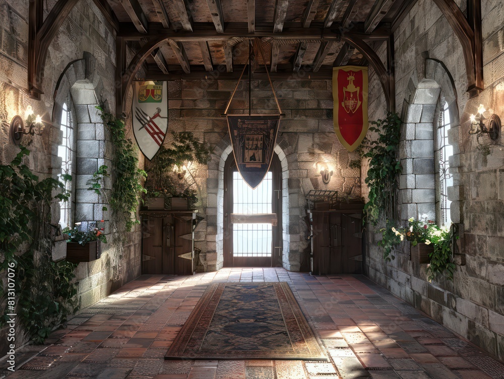 entrance hall inside a medieval castle Stock Illustration | Adobe Stock