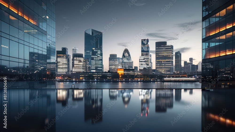 skyline building, river water reflection, clear sky Stock Illustration ...