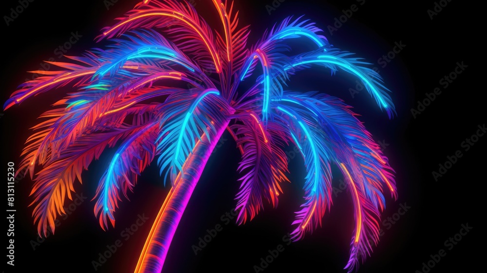 Neon palm tree silhouette on a dark background. A picture of glowing ...