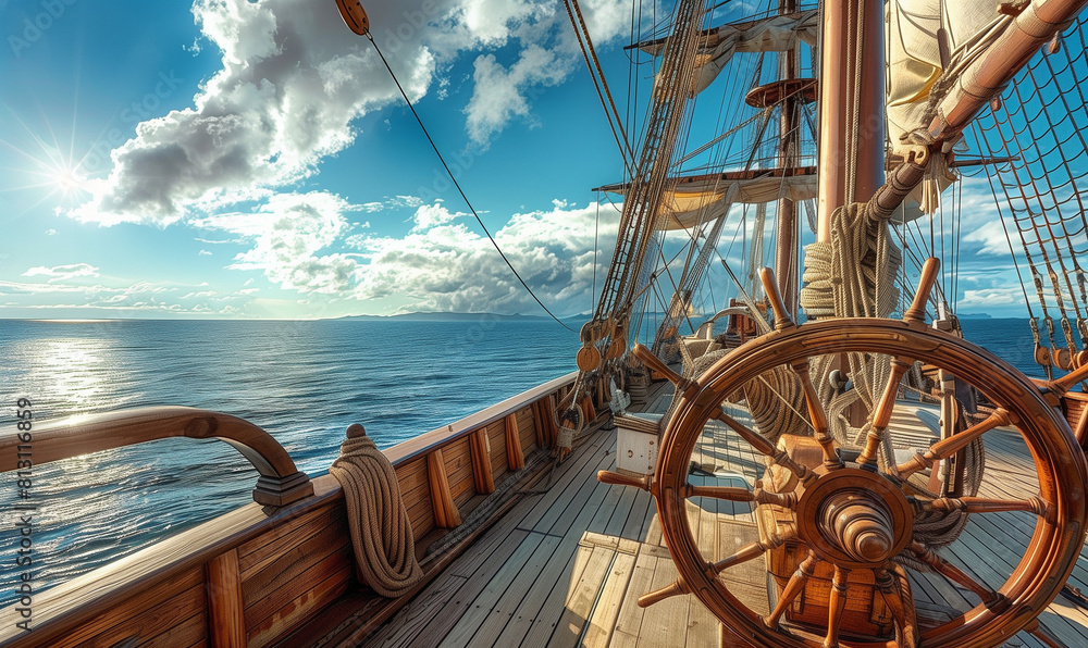 Standing behind the wheel of a pirate sailing ship, you can experience ...