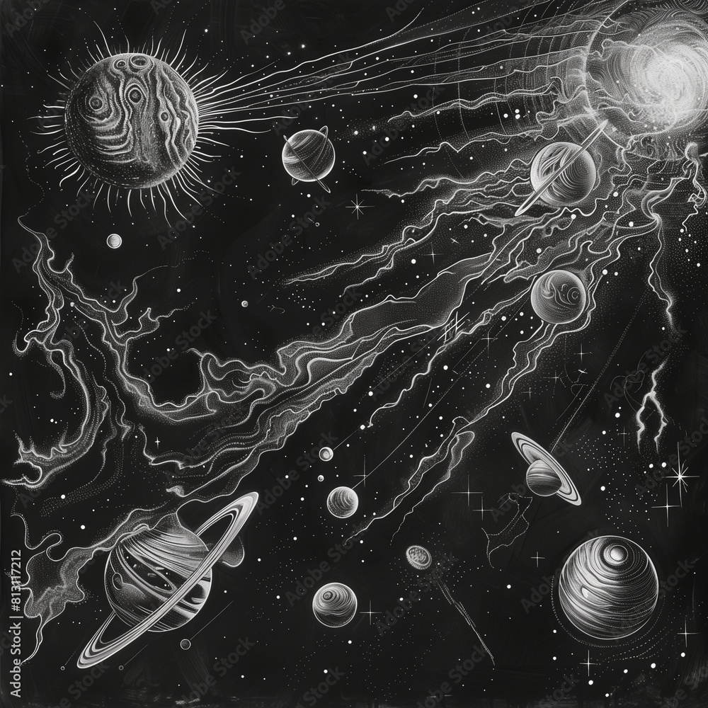a pencil drawn texture of an alien solar system, black and white, black ...