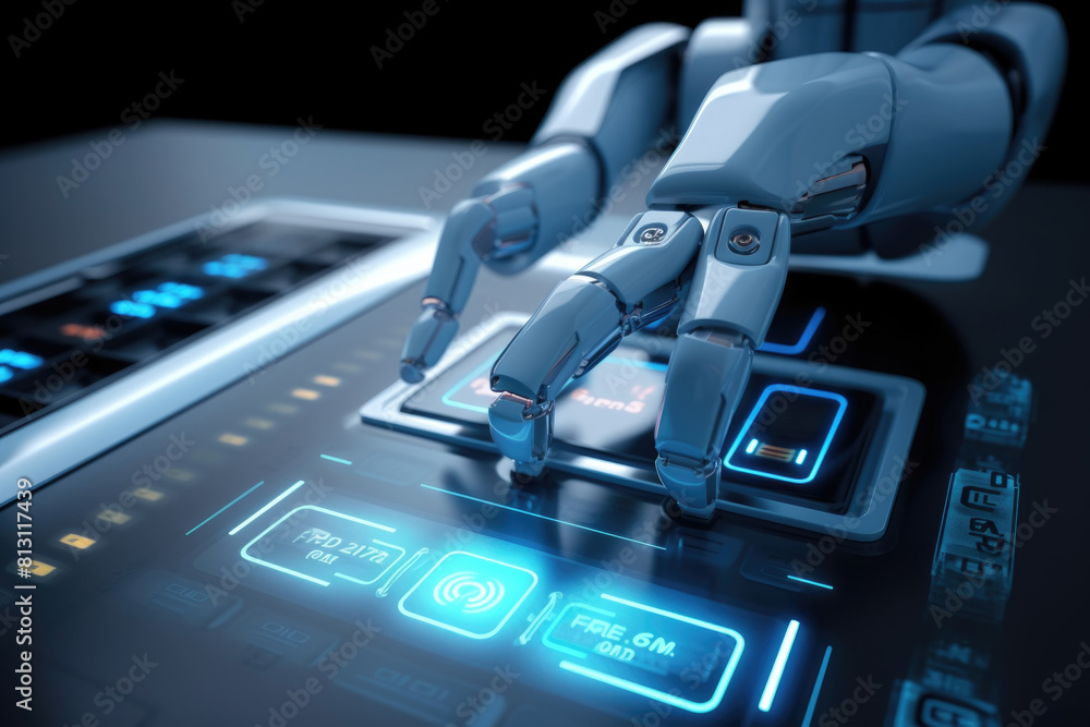 A robotic hand is interacting with a touch screen, demonstrating ...