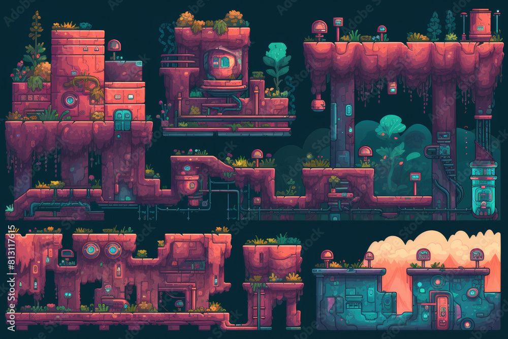 Collection of detailed pixel art characters, objects, and backgrounds ...