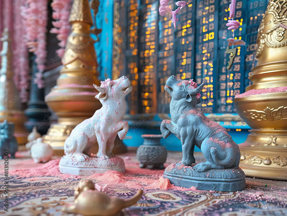 Colorful Mythical Beasts in a Traditional Asian Temple Setting Stock ...
