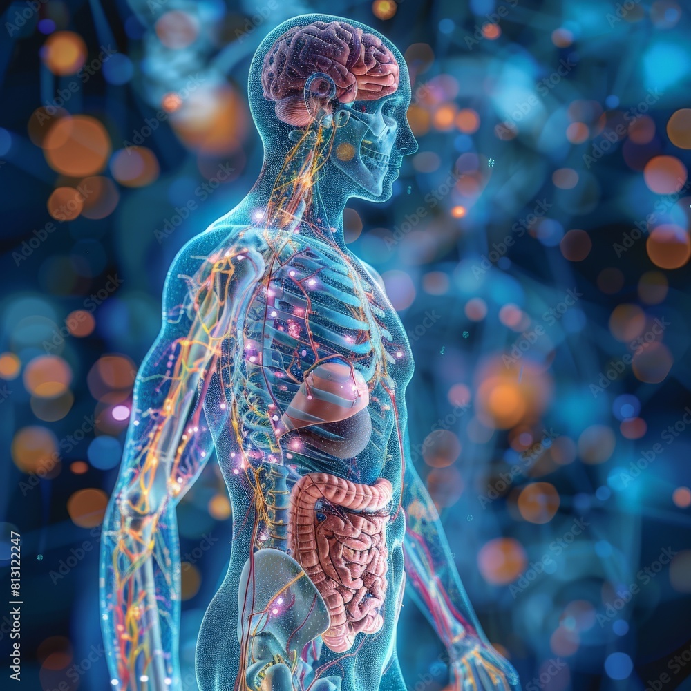 A detailed 3D rendering of a human body showcasing interconnected ...