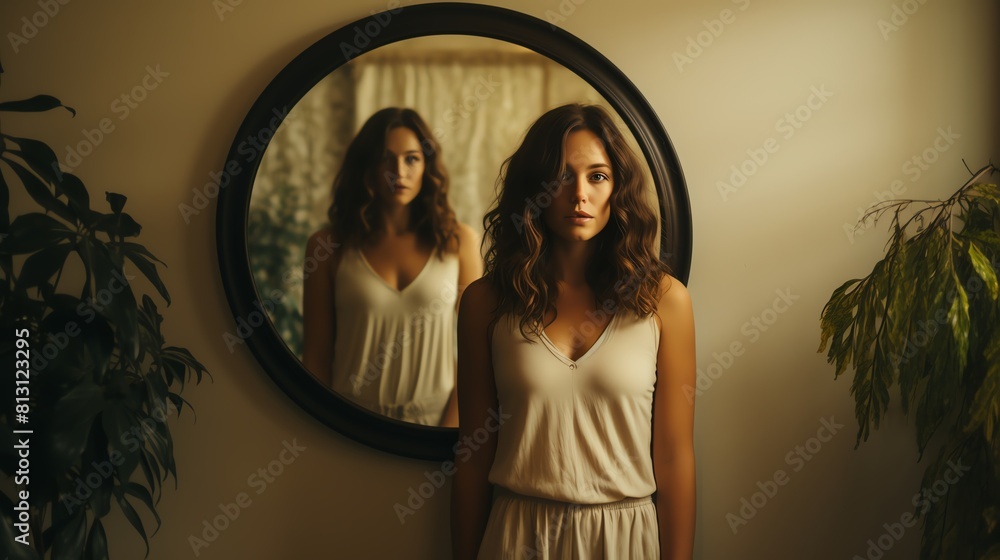 A person looking in a mirror that warps their body image, representing ...