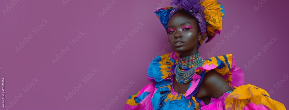 African fashion model in vibrant traditional attire posing on a purple ...