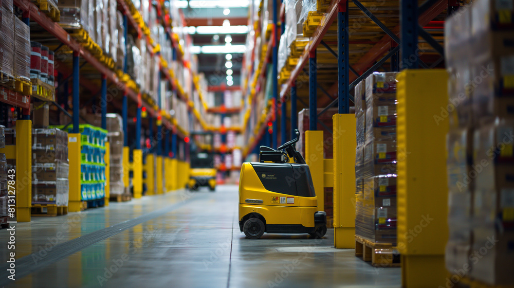 Automated guided vehicles (AGVs) navigating through aisles in a warehouse Stock Photo | Adobe Stock