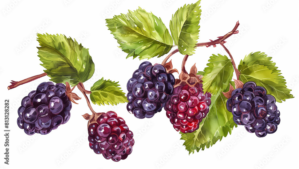 Blackberry clipart, blackberries with leaves on branch, watercolor ...
